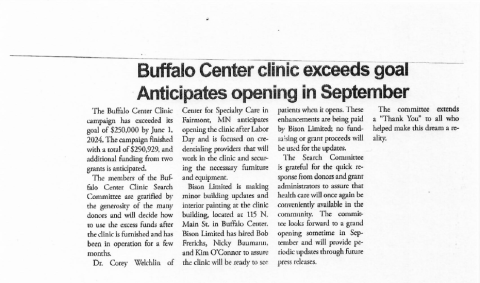 Buffalo Center Clinic Exceeds Goal | City of Buffalo Center